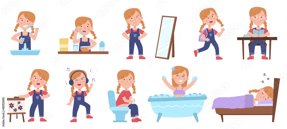 Girl daily routine, kid morning, day and evening schedule. Cute girl ...