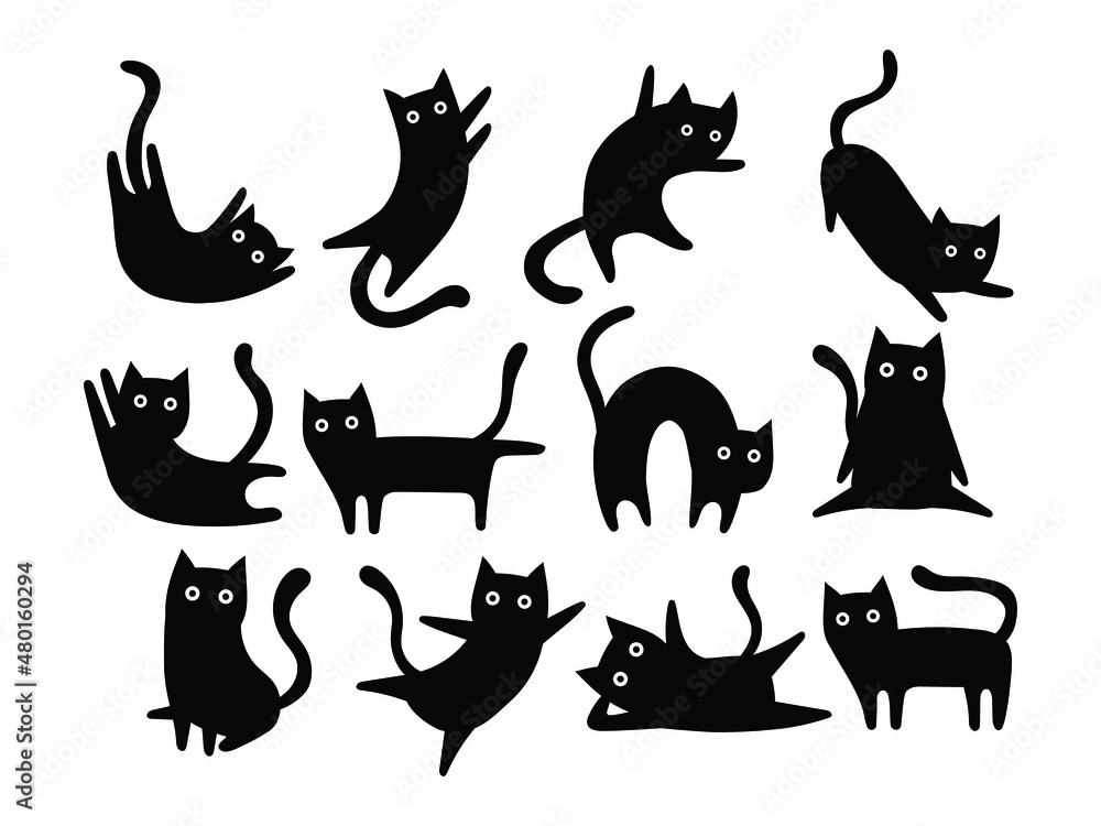 Set of black cats. Collection of silhouette of funny cats in different ...