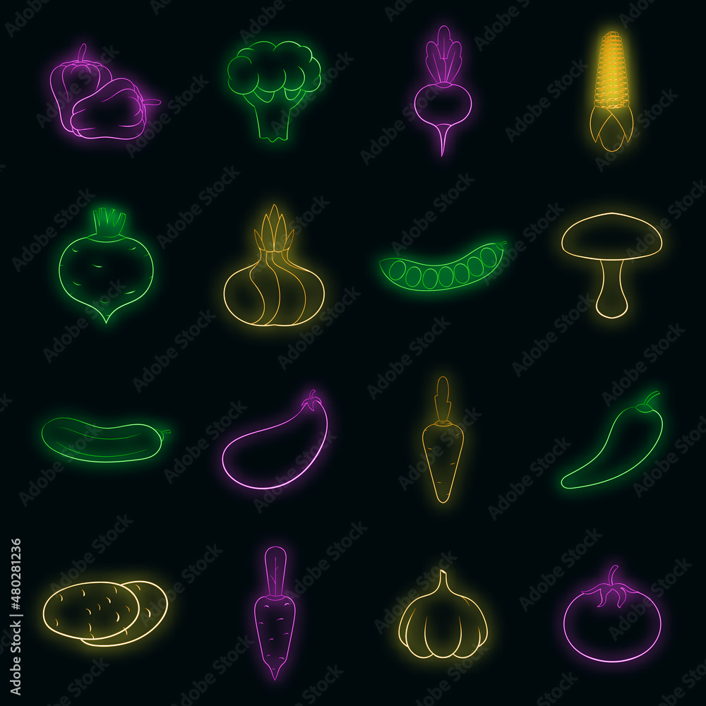 Vegetables icons set. Illustration of 16 vegetables vector icons neon ...