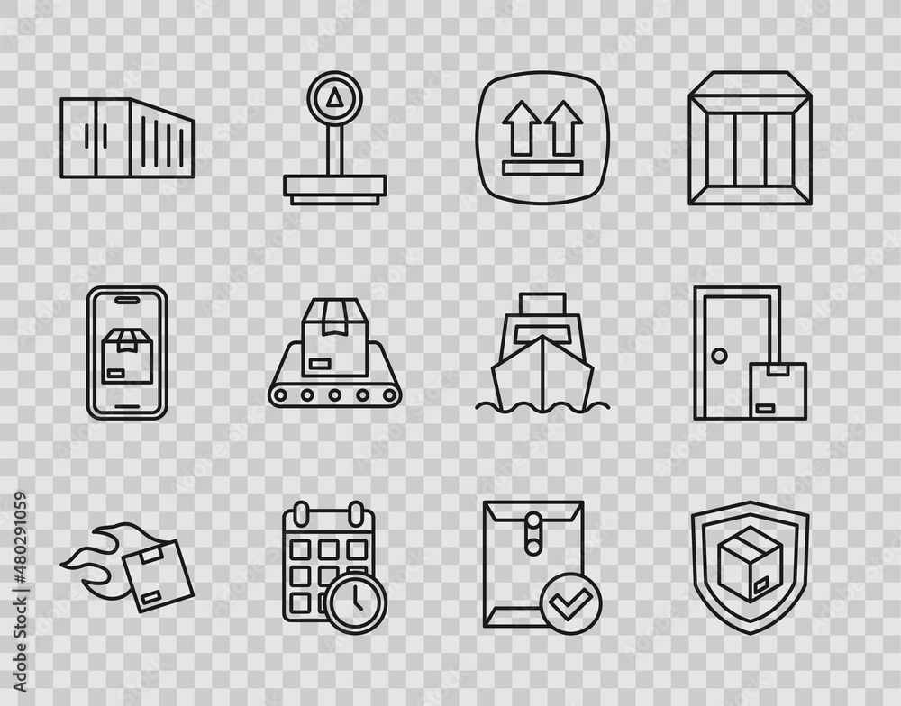 Set line Carton cardboard box, Delivery security with shield, This side up, Cardboard calendar ...