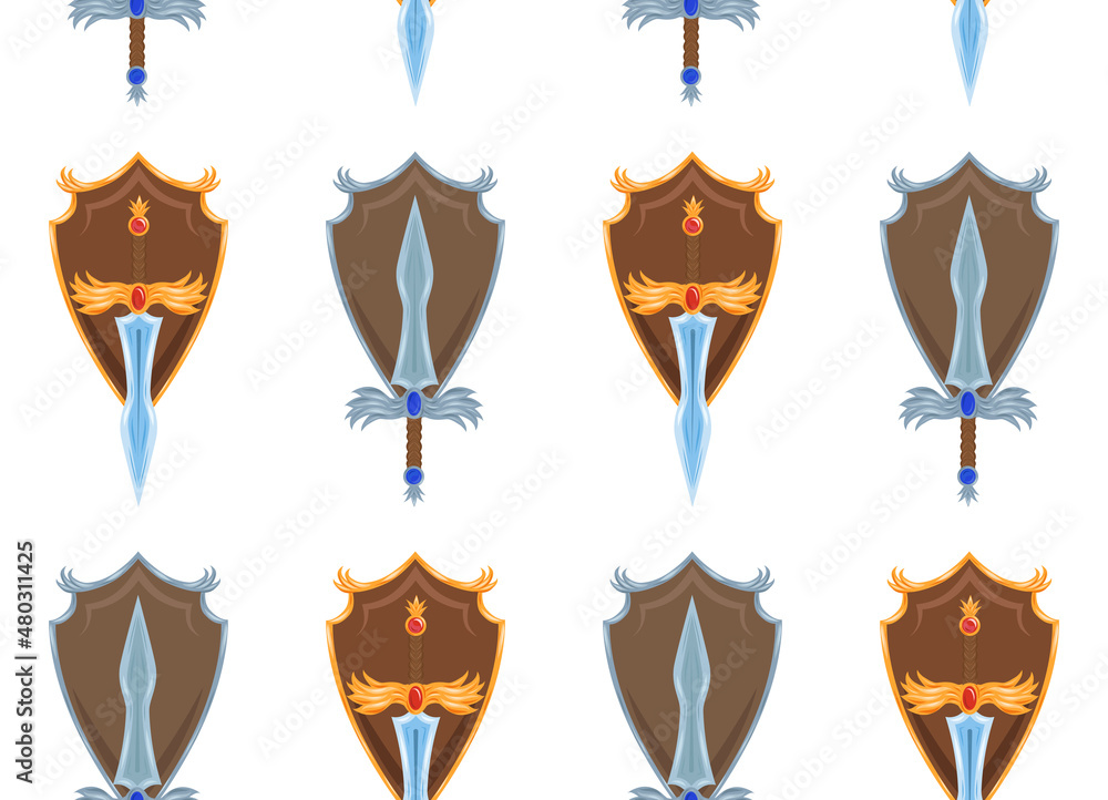 Vector seamless pattern with cartoon swords and shields on white ...