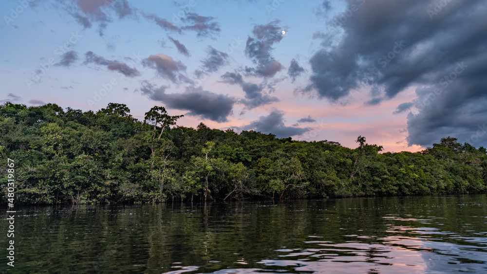 Reflection of a sunset by a lagoon inside the Amazon Rainforest Basin ...