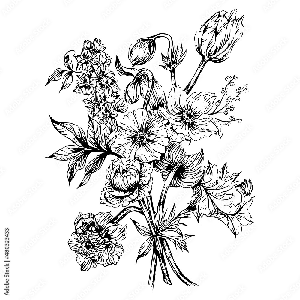 hand drawn illustration of flower bouquet in engraved style, isolated ...