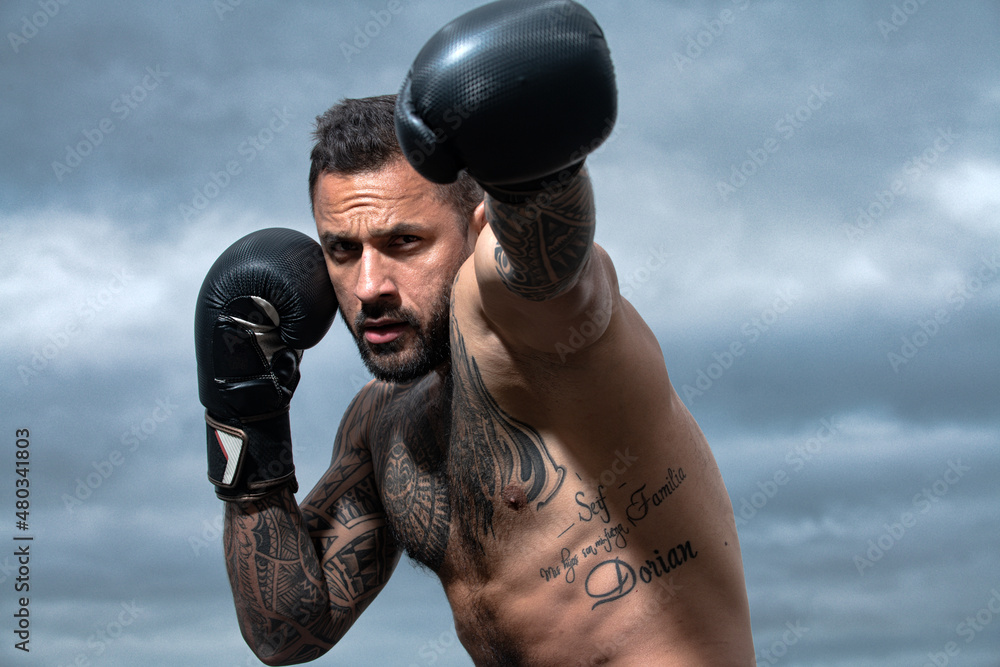 Boxer practicing punches in boxing. Boxer punching in boxing gloves ...