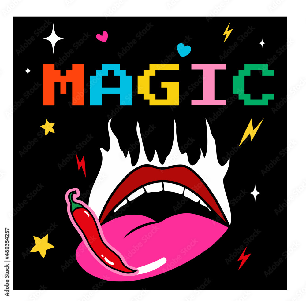 Lips on a black background in fire. Red hot chili pepper. Paprika ...