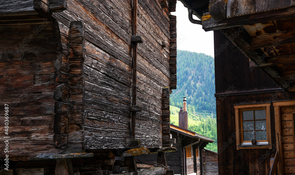 Weathered old wood texture background. Facade wooden house in village ...