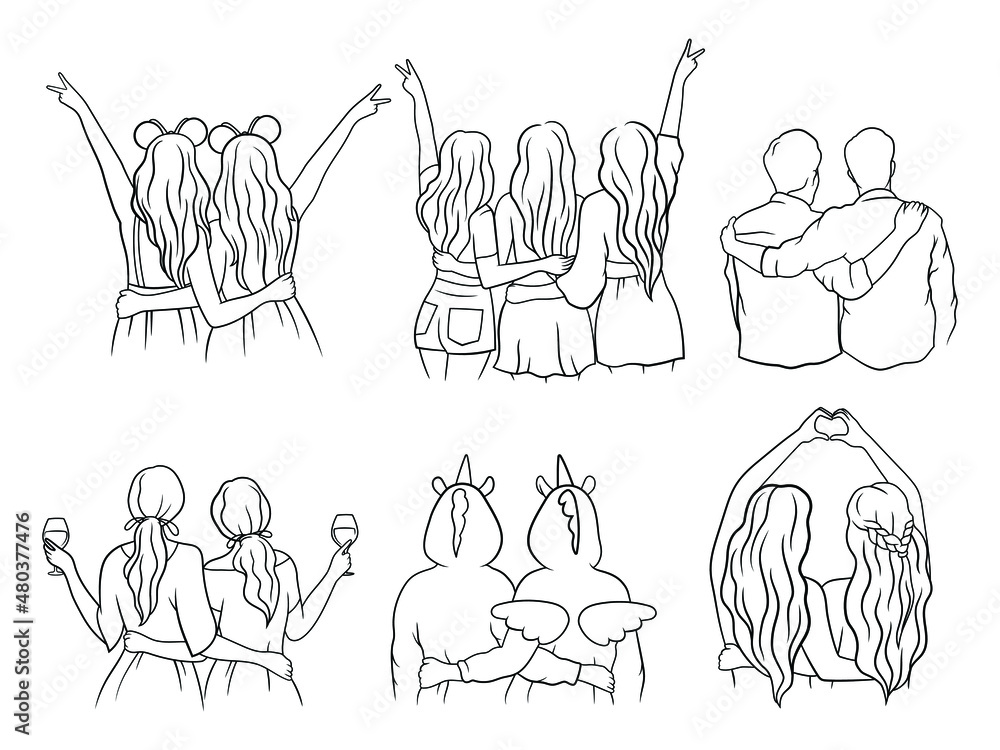 Set of best friends hugging. Collection of people having good time ...