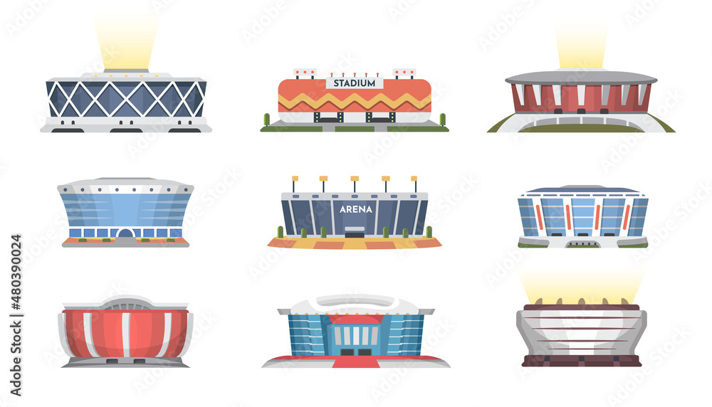 Sport stadium front view vector collection in cartoon style. City arena ...