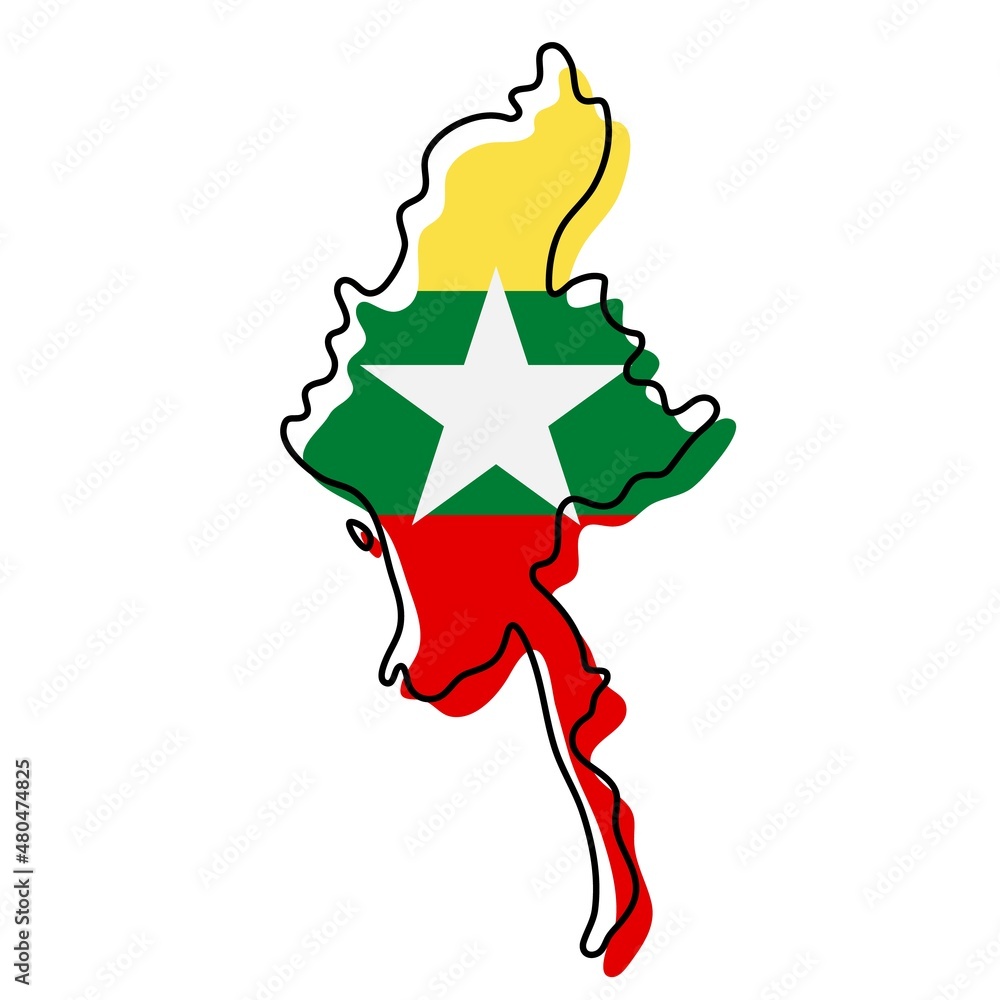 Stylized outline map of Myanmar with national flag icon. Flag color map ...