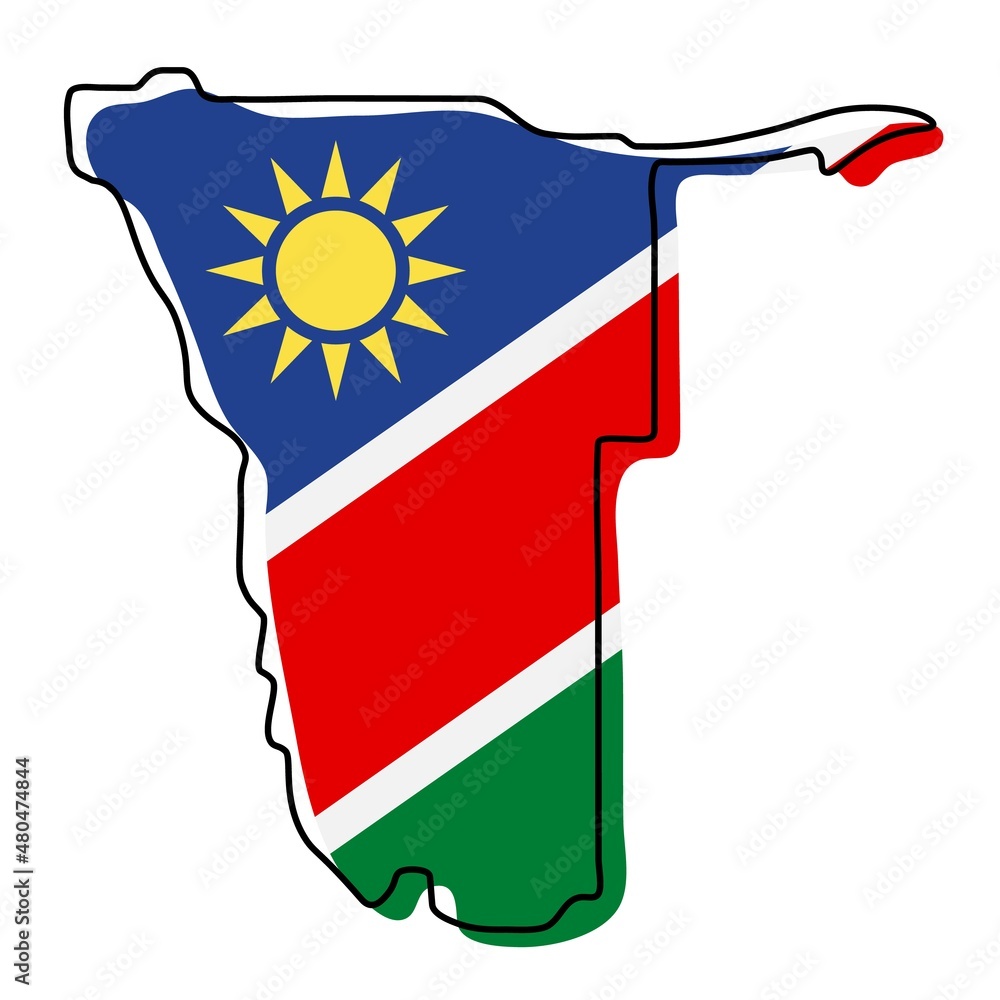 Stylized outline map of Namibia with national flag icon. Flag color map ...