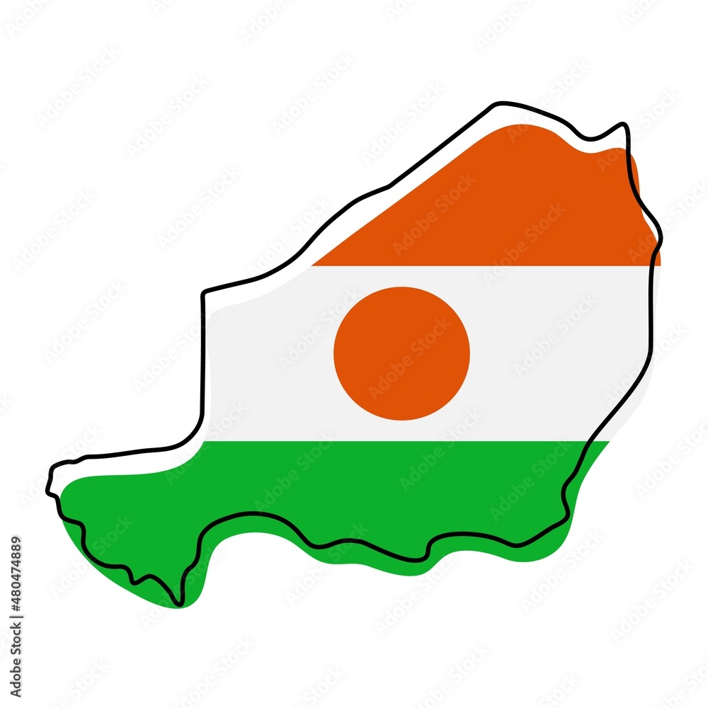Stylized outline map of Niger with national flag icon. Flag color map ...