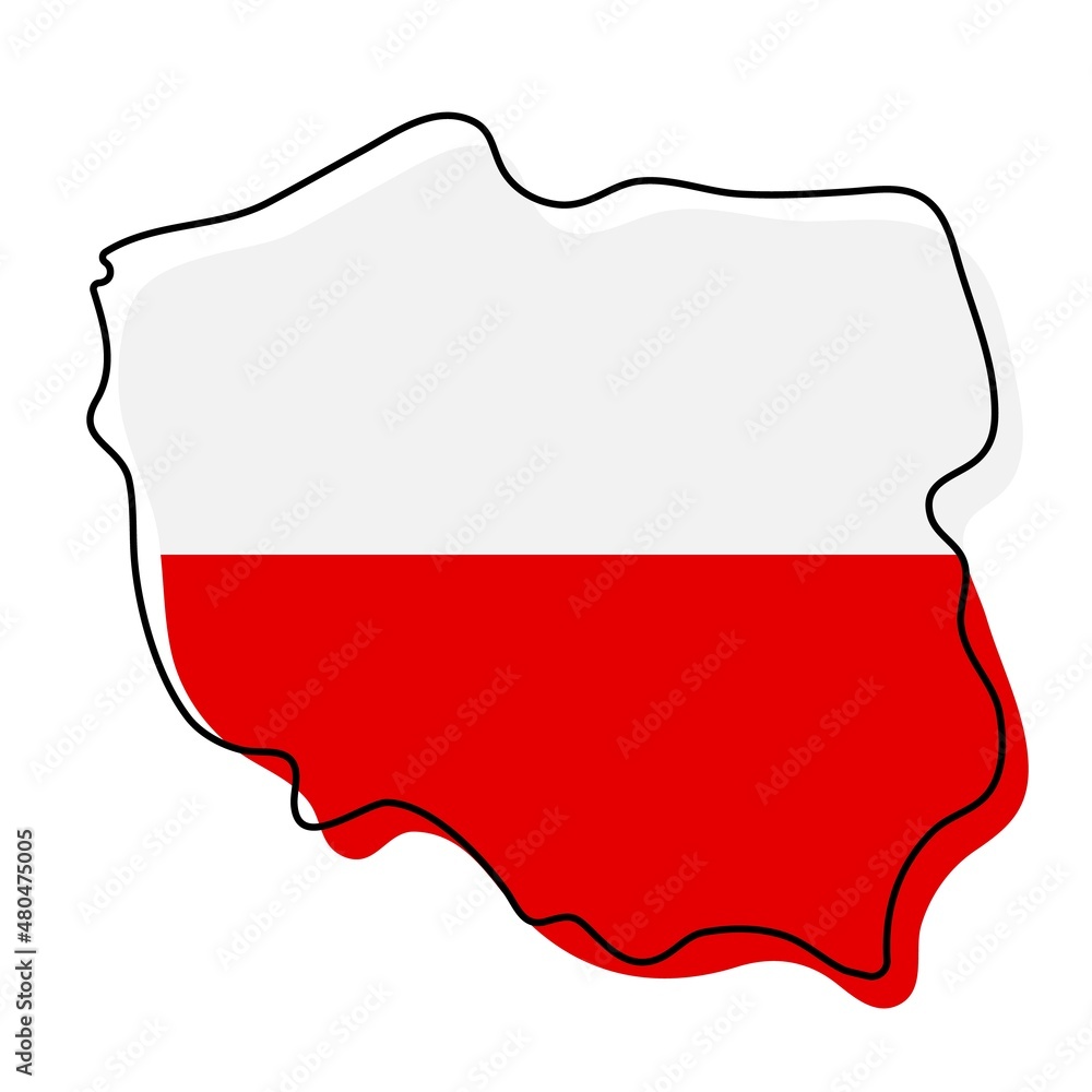 Stylized outline map of Poland with national flag icon. Flag color map ...