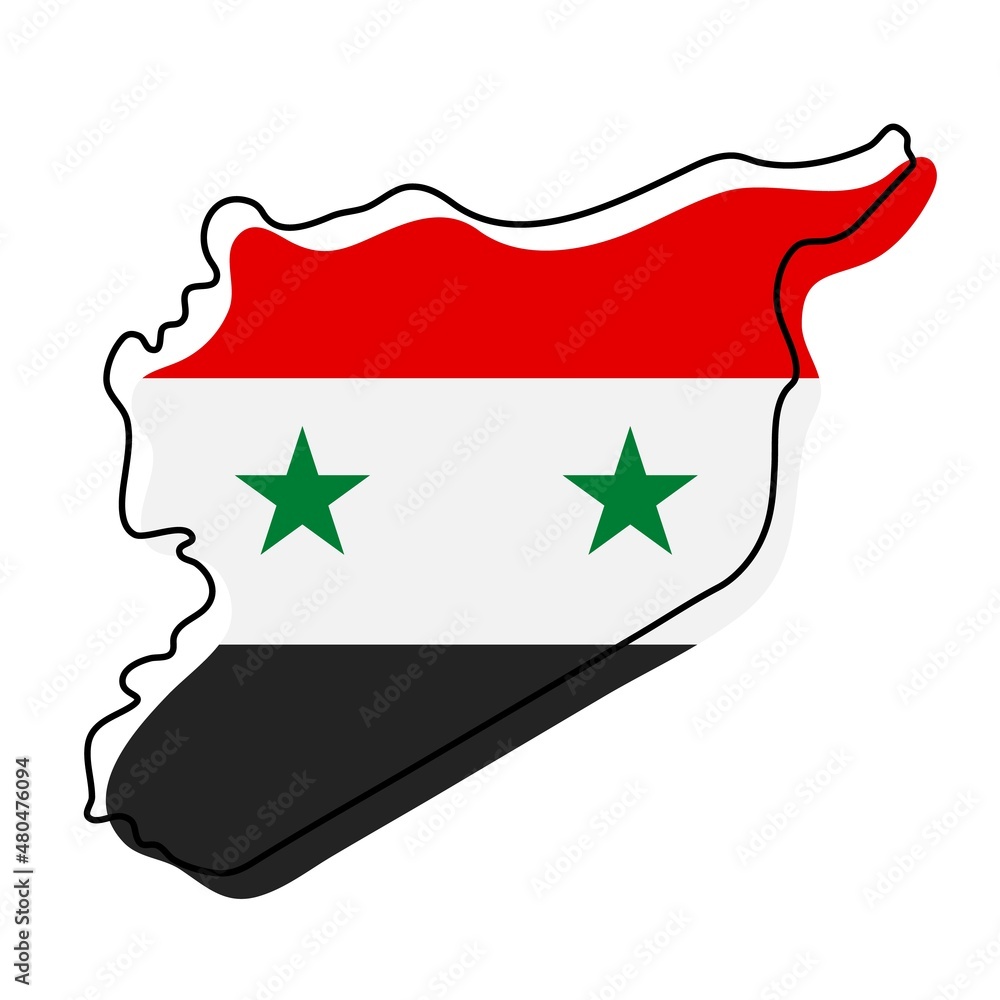 Stylized outline map of Syria with national flag icon. Flag color map ...