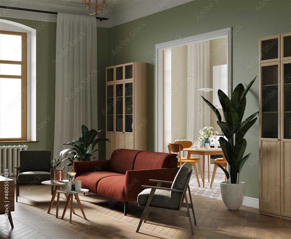 modern design of the living room with high ceilings, green walls ...