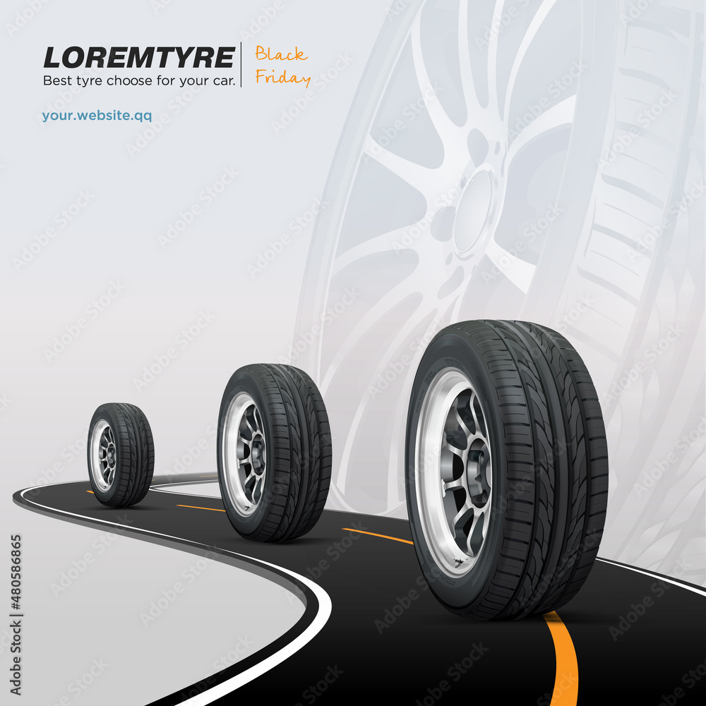 Tires car advertisement poster. Black rubber tyre set. Shining disk car ...