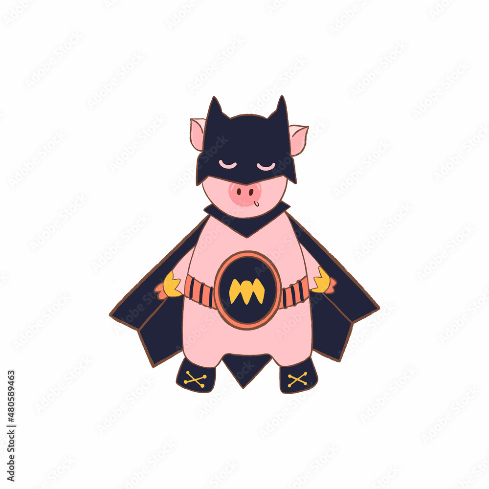 Cute piggy in a superhero costume, illustration. Cartoon character pig ...