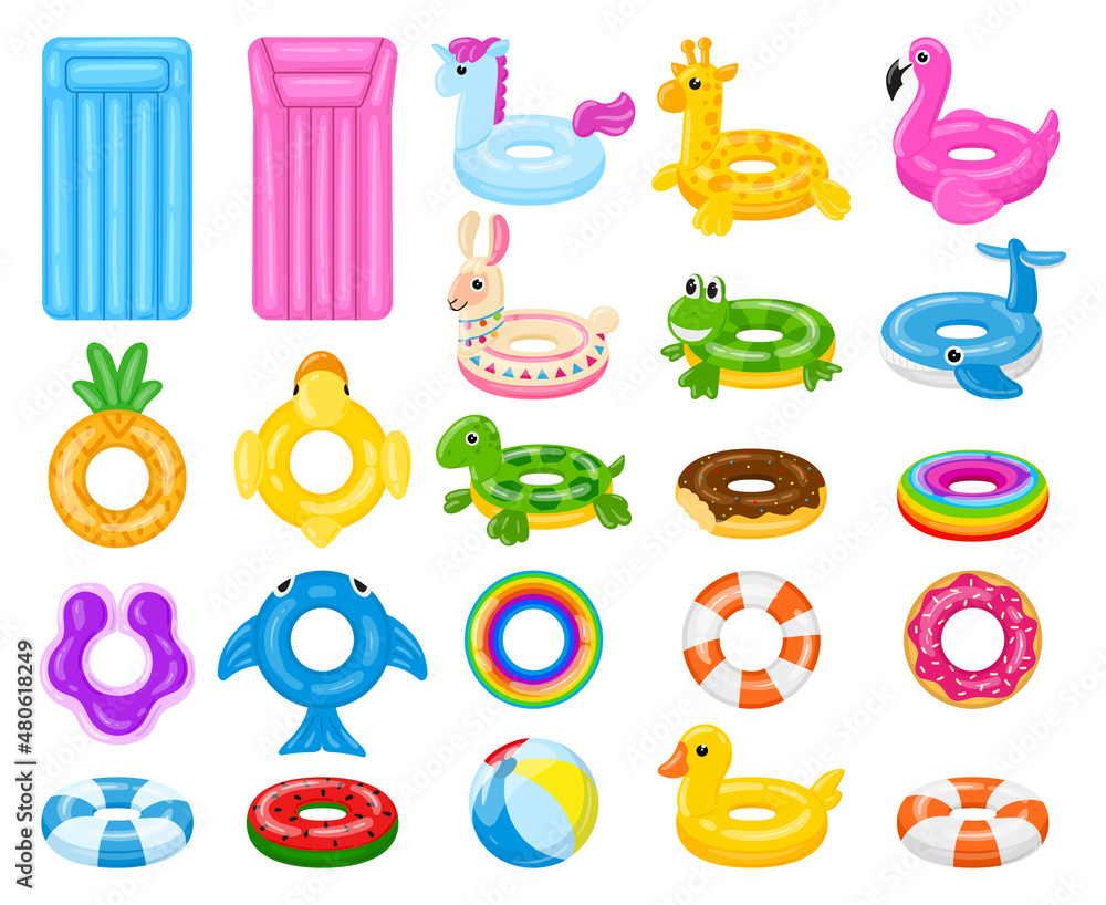 Cartoon swimming circles, pool or beach water rubber ball and mattress ...