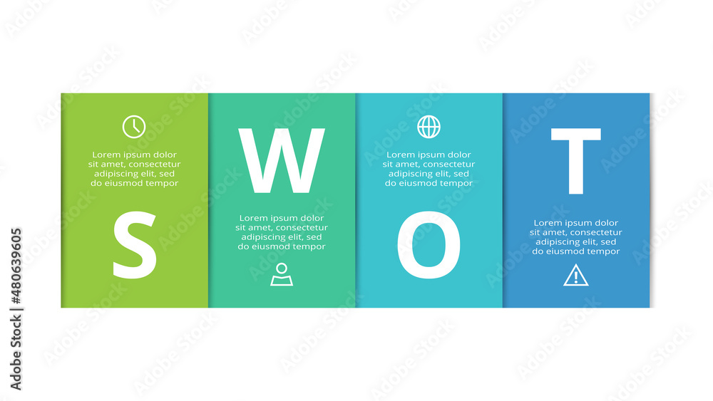 SWOT diagram with 4 steps, options, parts or processes. Threats ...