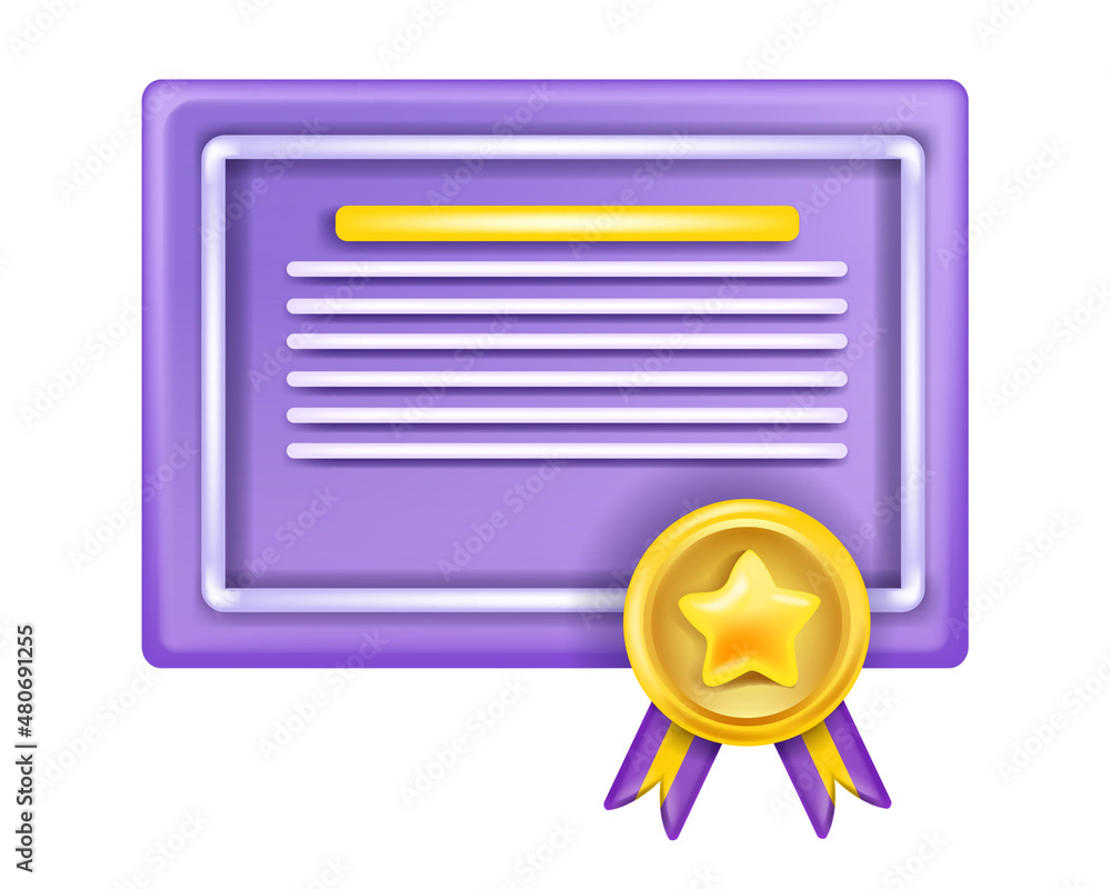 3D certificate, vector education diploma icon, winner voucher award ...