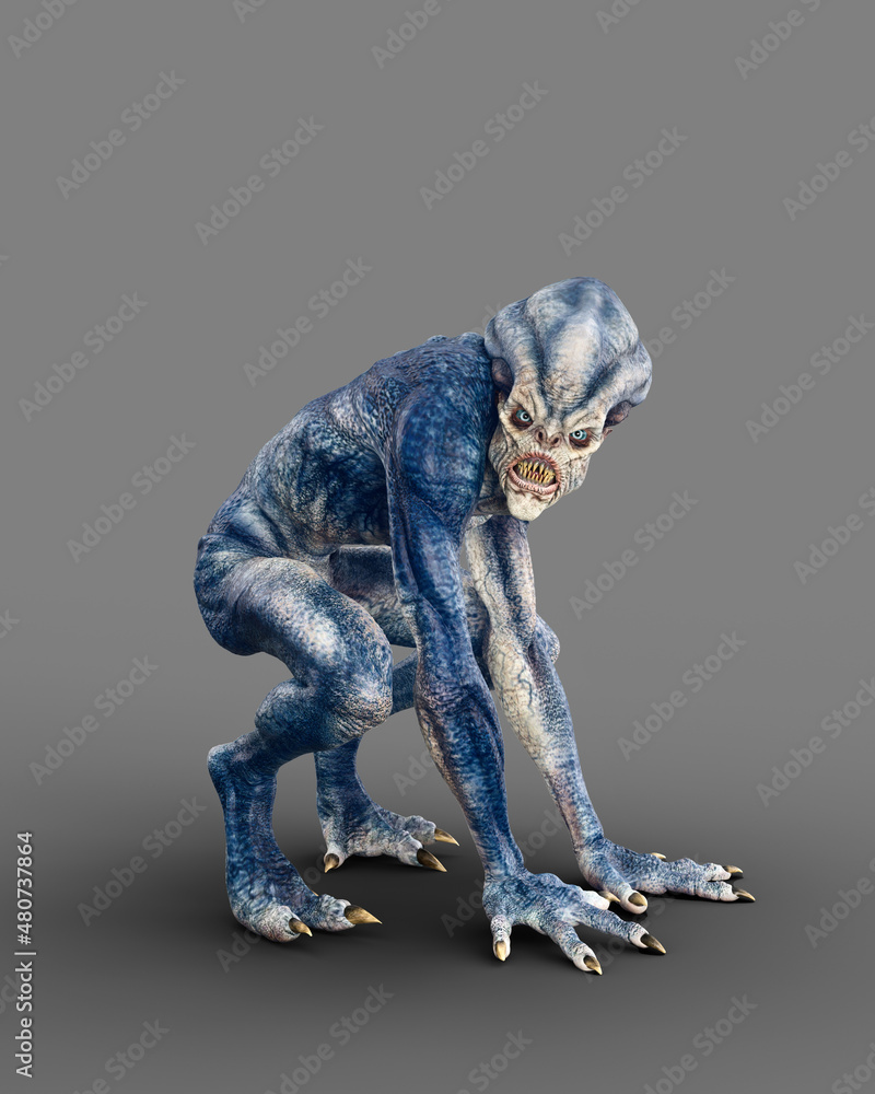 Scary humanoid alien creature with blue grey skin and sharp teeth ...