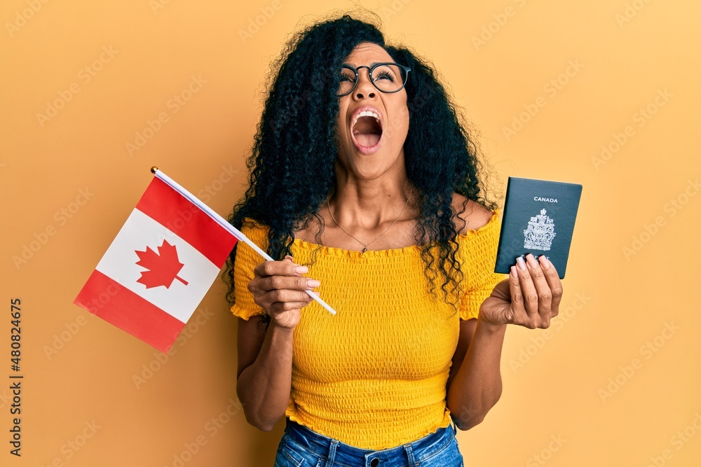 Middle age african american woman holding canada flag and passport ...