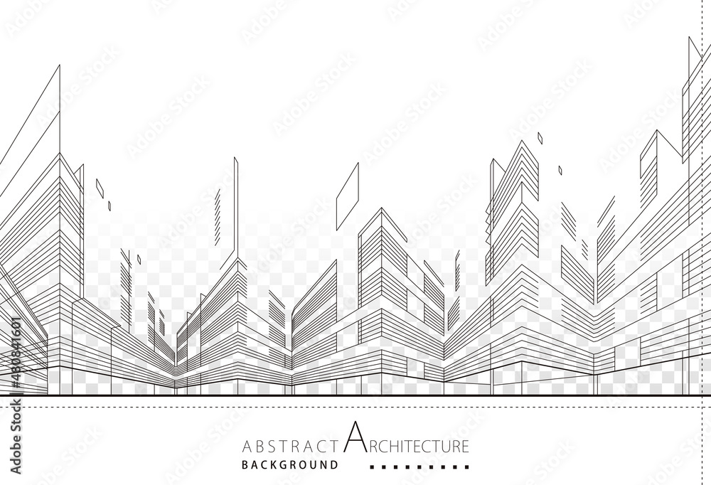 3D illustration linear drawing. Imagination architecture urban building ...
