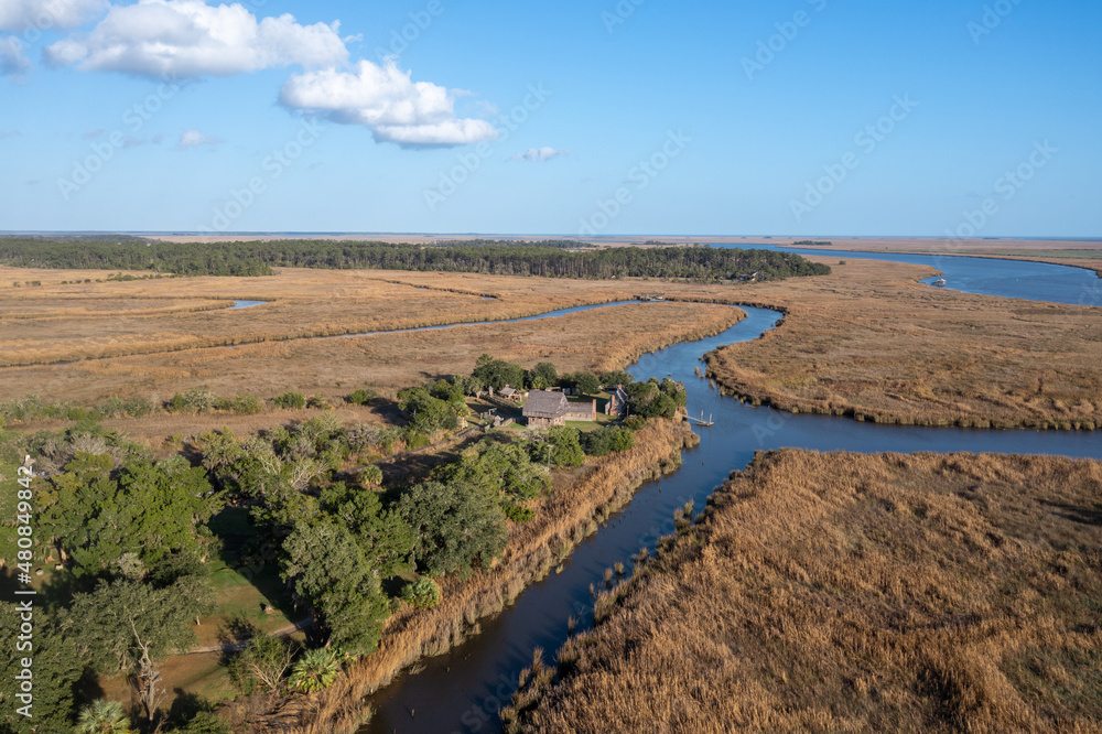 Aerial view of Fort King George historic site, oldest English fort on ...