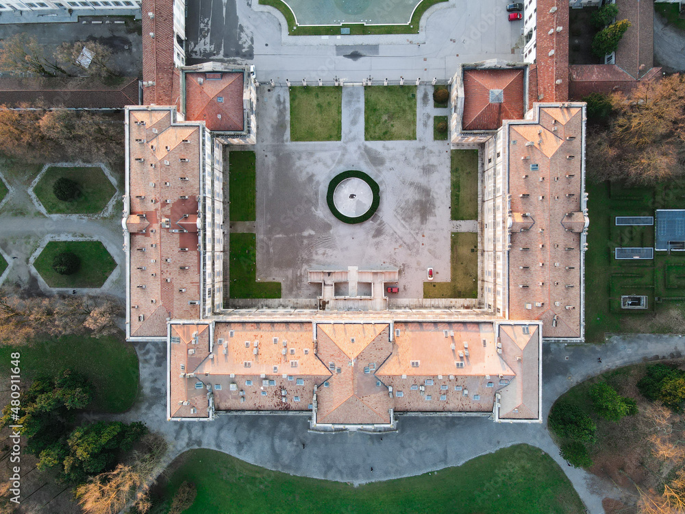 Aerial view of facade of the elegant Villa Reale in Monza, Lombardy ...