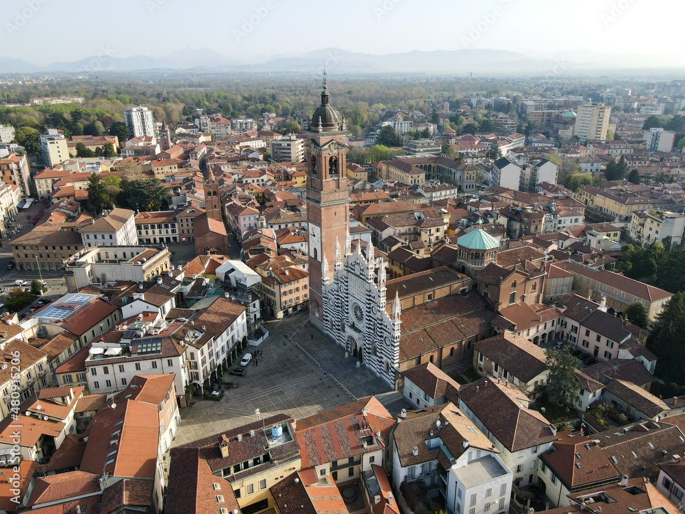 Aerial view of facade of the ancient Duomo in Monza (Monza Cathedral ...