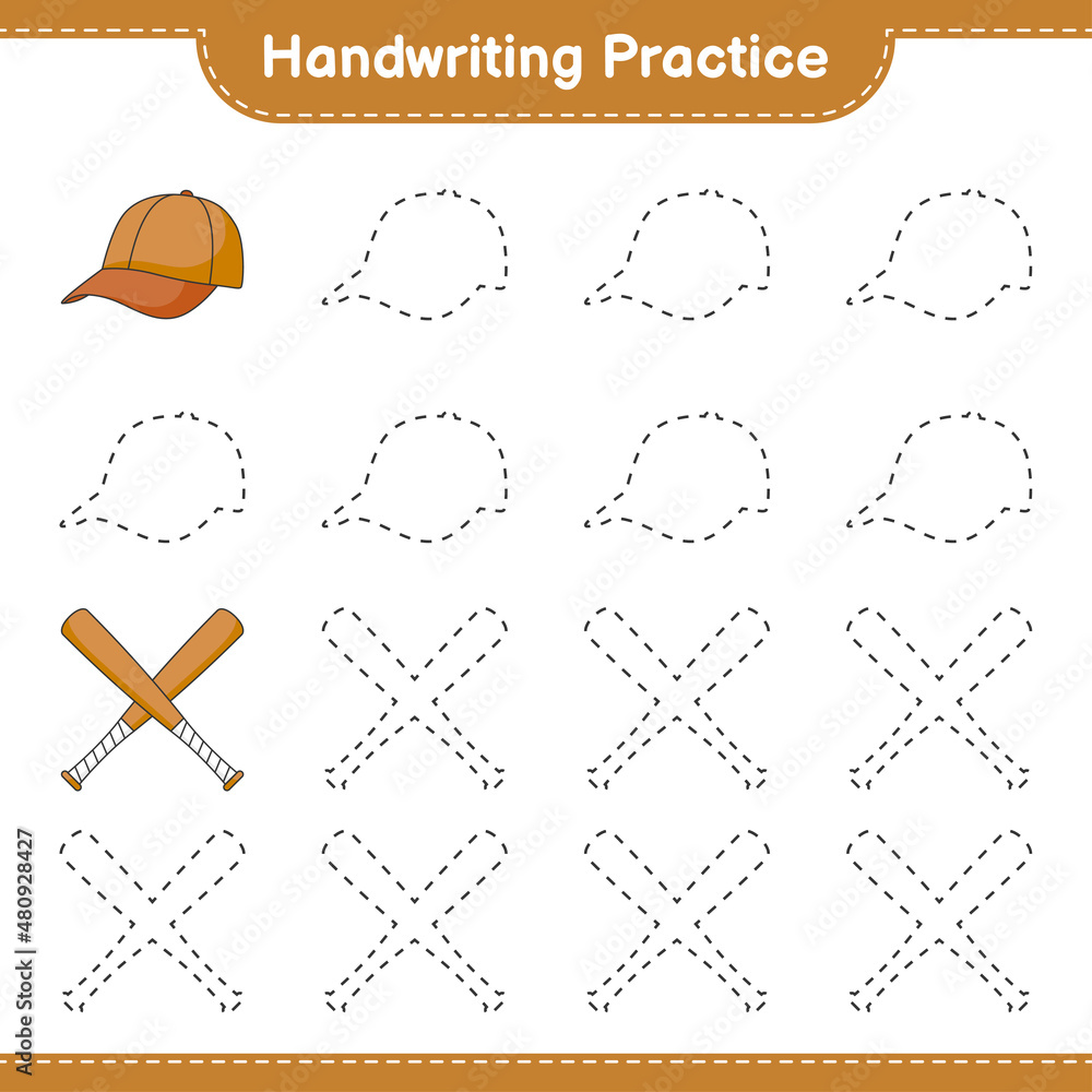 Handwriting practice. Tracing lines of Cap Hat and Baseball Bat ...