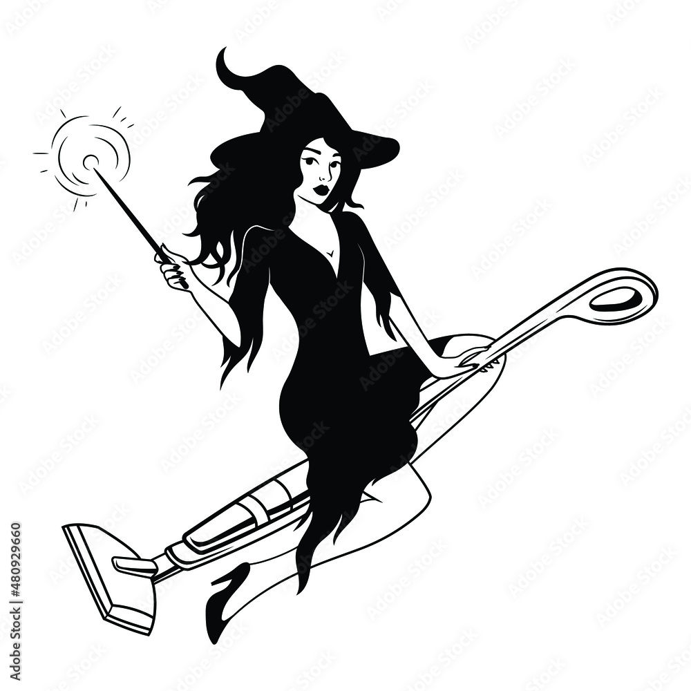 Illustration witch flying on a vacuum cleaner. Portrait of sexy ...