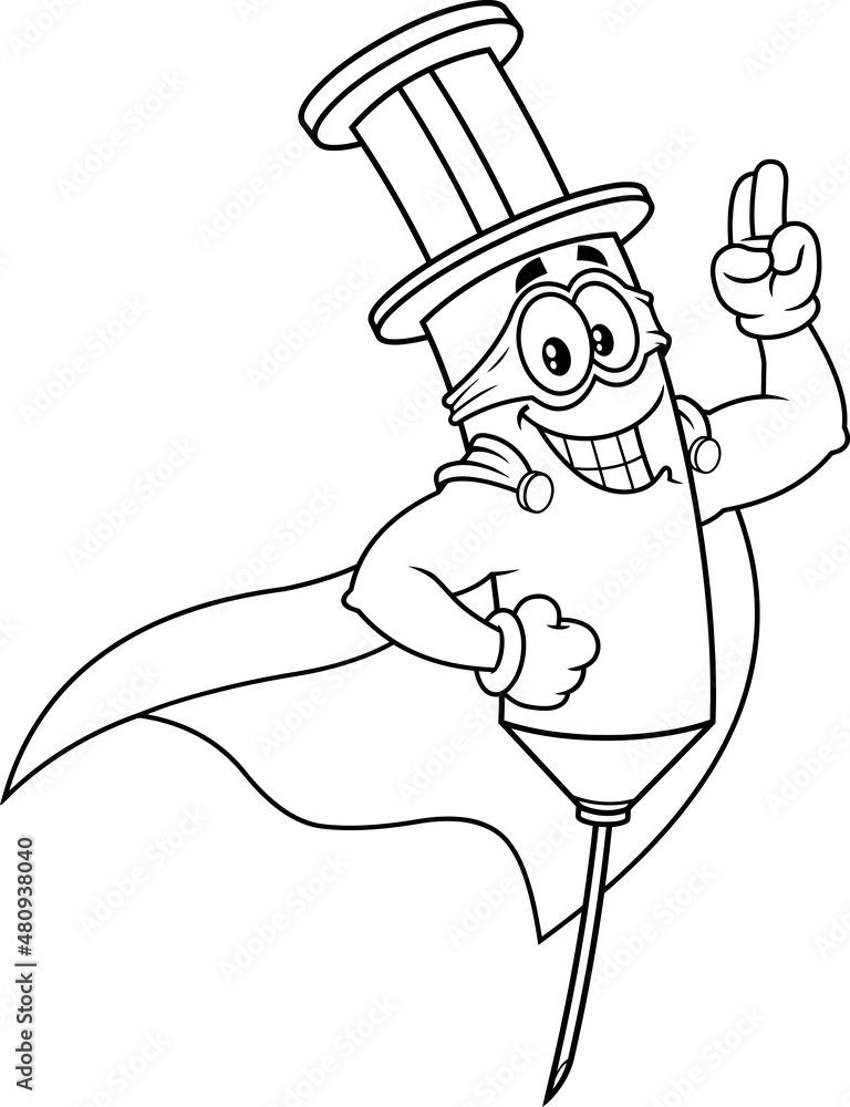 Outlined Super Hero Syringe Vaccine Cartoon Character. Vector Hand ...