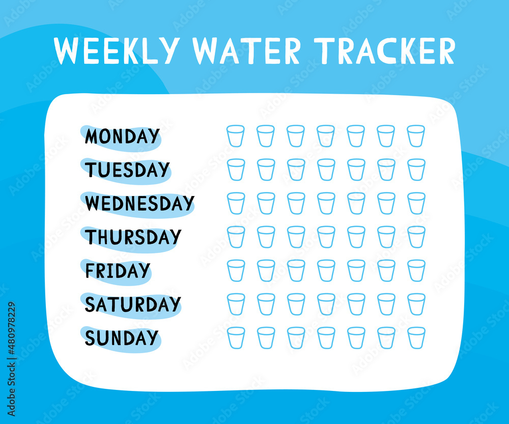 Simple water tracker with 7 glasses every day of the week. Blue and ...