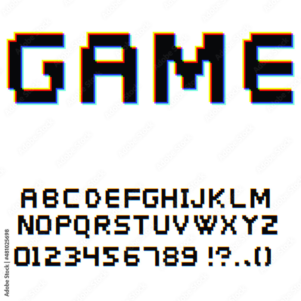Glitched pixel retro fonts .Blurred video game letters and numbers ...