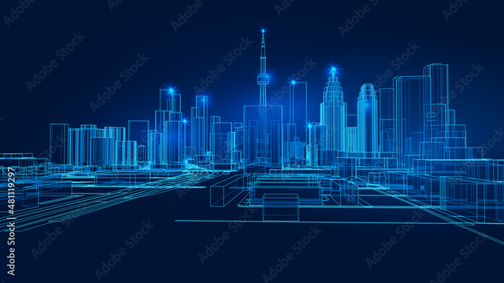 Polygonal 3d city in dark blue background. Outline city concept vector ...