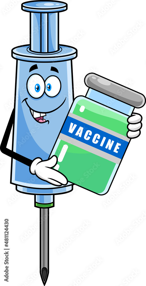 Medical Syringe Cartoon Character Present Vaccine. Vector Hand Drawn ...