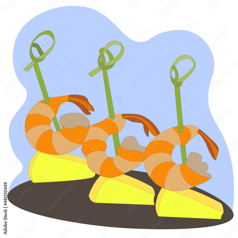 Snacks of tiger prawns and pineapple slices on wooden skewer. Seafood ...