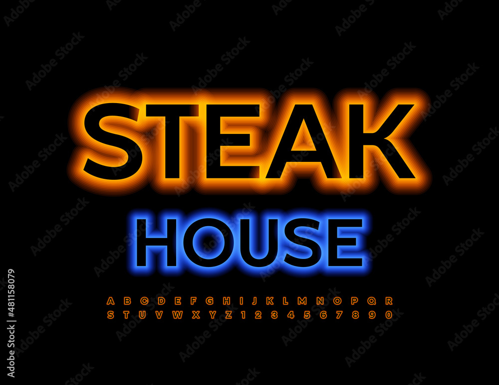 Vector neon logo Steak House with flame colored Font. Bright glowing ...