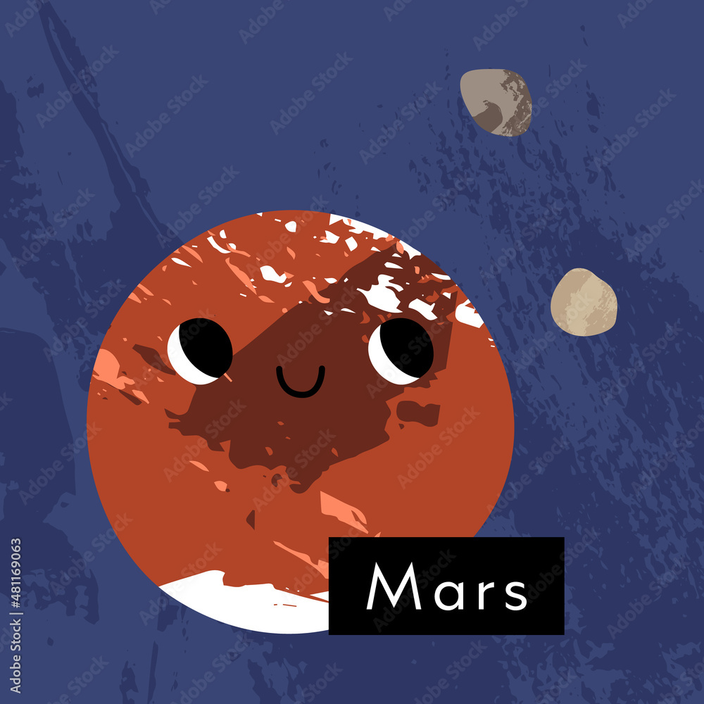 Mars. Cute kawaii planet character with smiling face. Funny celestial ...