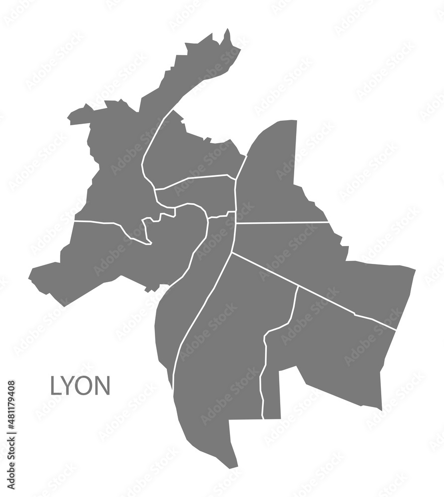 Lyon city map with districts grey illustration silhouette shape Stock ...