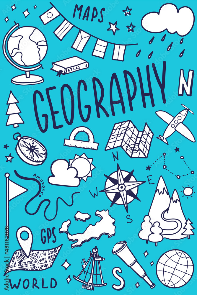 Geography cover template. School subject icon set design. Education ...