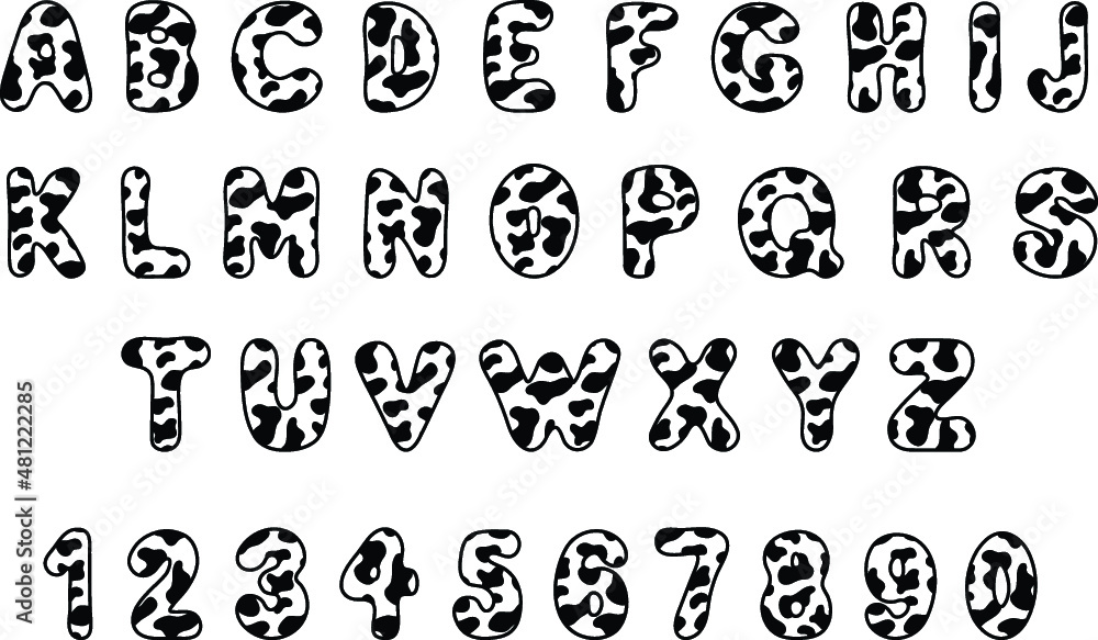 Cow Print Alphabet Letters and Numbers Graphic Set Stock Vector | Adobe ...