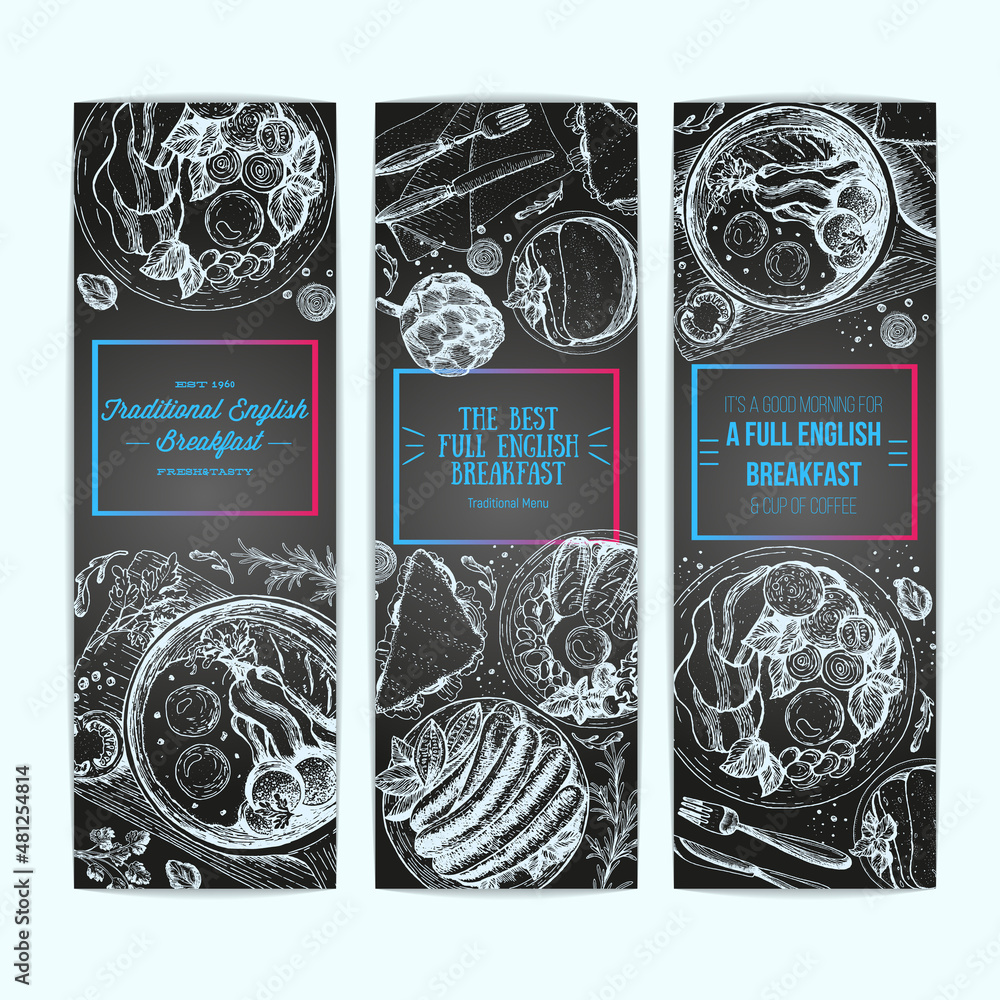 English breakfast vintage design template. Vertical banners set. Vector ...