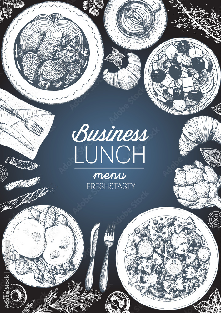 Business lunch top view frame. Food menu design. Vintage hand drawn ...