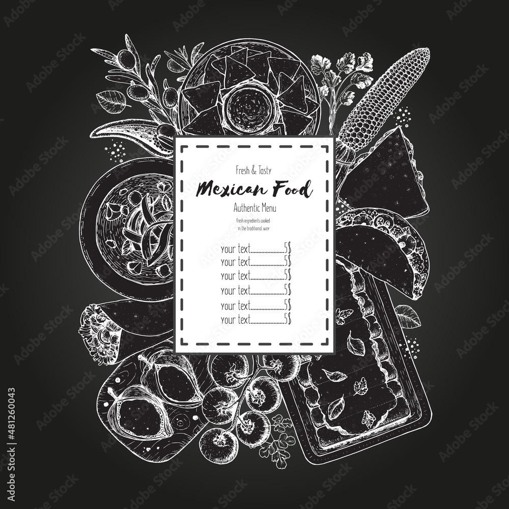 Mexican food sketch, vector illustration. Traditional dishes collection ...