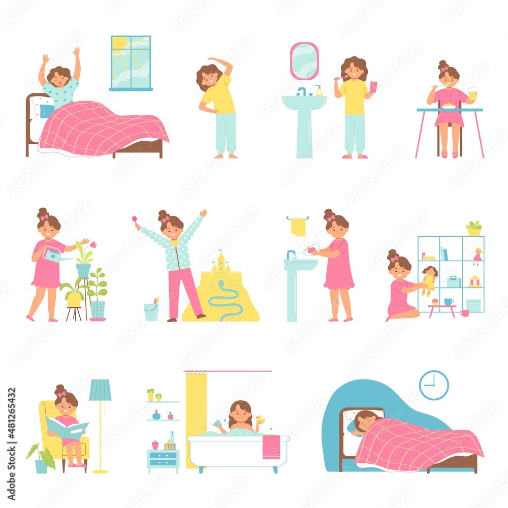 Cute girl's daily routine. Character in different situations. Flat ...