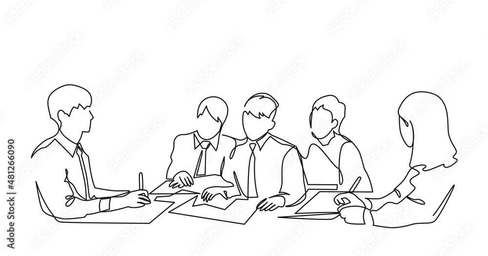 Group of people working continuous one line vector drawing. Students ...