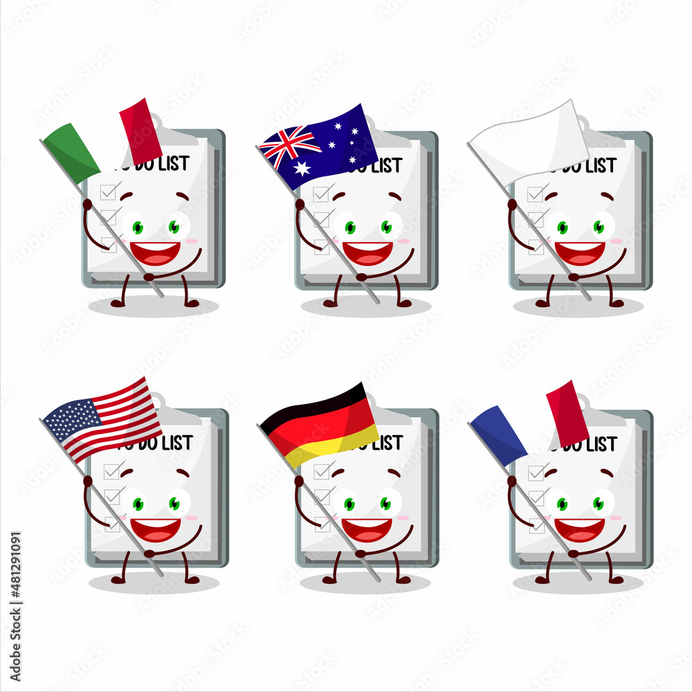 Paper sheet with clipboard cartoon character bring the flags of various ...