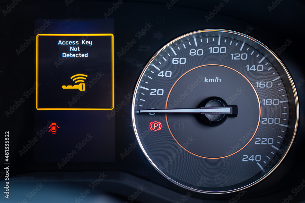 Screen display of car status warning light on dashboard panel symbols which show the fault ...