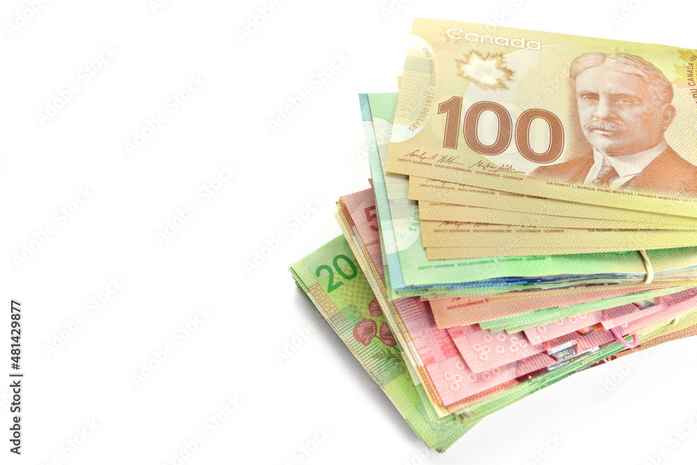 High Angle View of Large Stack of Canadian Banknotes on a White ...